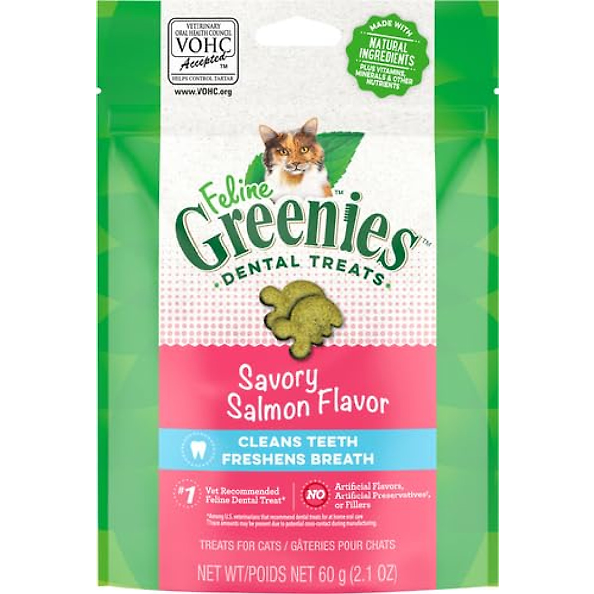 FELINE GREENIES Adult Natural Dental Care Cat Treats, Savory Salmon Flavor, 2.1 oz. Pouch