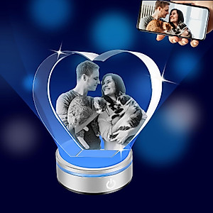 PawCrystal 3D Crystal Photo Heart with LED Light Base Options, Personalized Gifts with Your Own Photo, Pet Memorial Gifts, Laser Engraving 3D Pictures and Customized Text