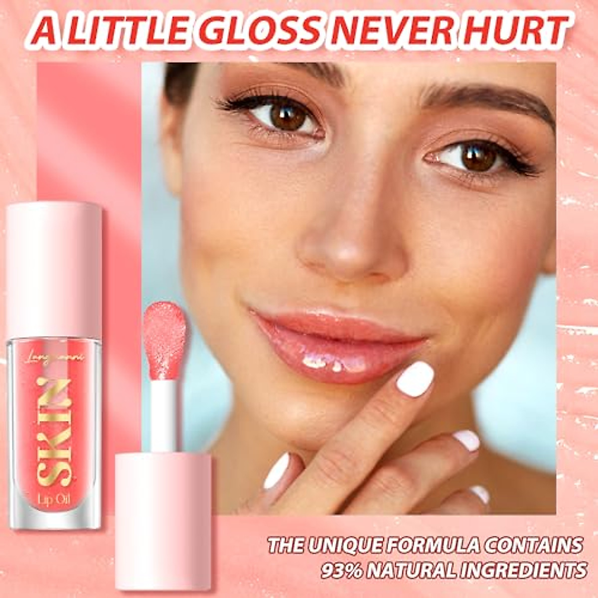 BANGFENG Big Brush Head Lip Glow Oil Plumping Tint, Tinted Lip Balm Transparent Lip Care, Moisturizing Non-sticky Fresh Shiny Texture Lip Oil - Strawberry (Pink)