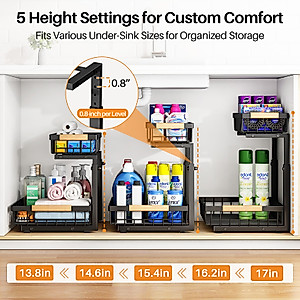 PXRACK 2 PACK Under Sink Organizer,Adjustable Height,2 Tier Pull Out Under Cabinet Organizer,Thickened Metal Shelf,Slide Out Under Sink Storage for Kitchen Bathroom Cabinet Laundry