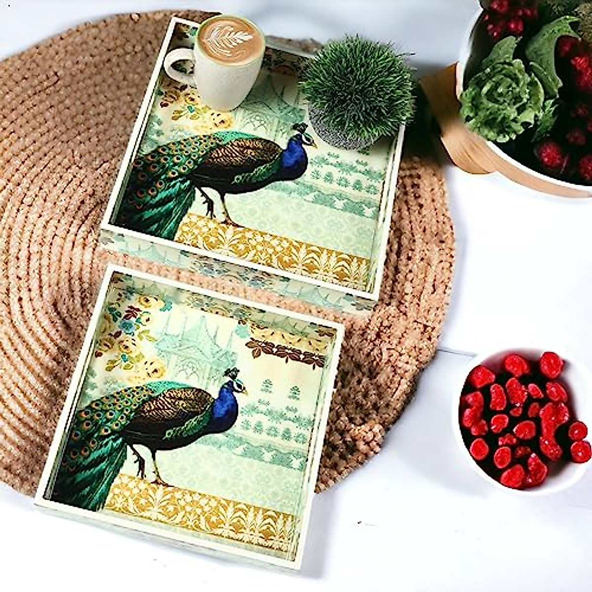 Serving Trays with Handle - Set of 2 - Large and Small Multipurpose MDF Square Tray Candle Holder Breakfast Tray Kitchen Countertop Ottoman Tray for Living Room Decorative Platter Coffee Table Tray