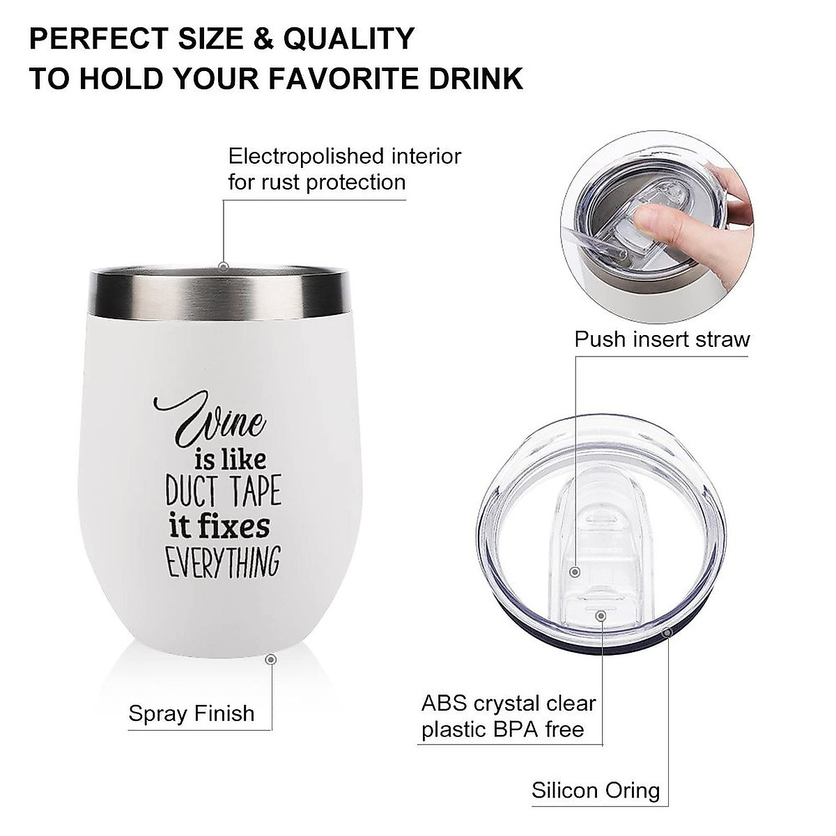 Funlucy Insulated Wine Tumbler with Lid Wine Is Like Duct Tape It Fixes Everything Wine Mug Drinkware Housewarming Birthday Gifts for Women Men Friend,White 12oz