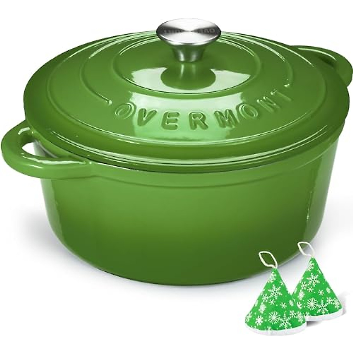Overmont Enameled Cast Iron Dutch Oven - 5.5QT Pot with Lid Cookbook & Cotton Potholders - Heavy-Duty Cookware for Braising, Stews, Roasting, Bread Baking green