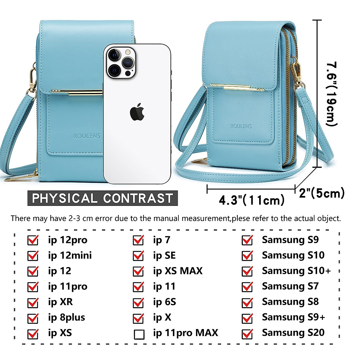 Roulens Small Crossbody Cell Phone Purse for Women, Touch Screen Bag Shoulder Handbag Wallet with Credit Card Slots