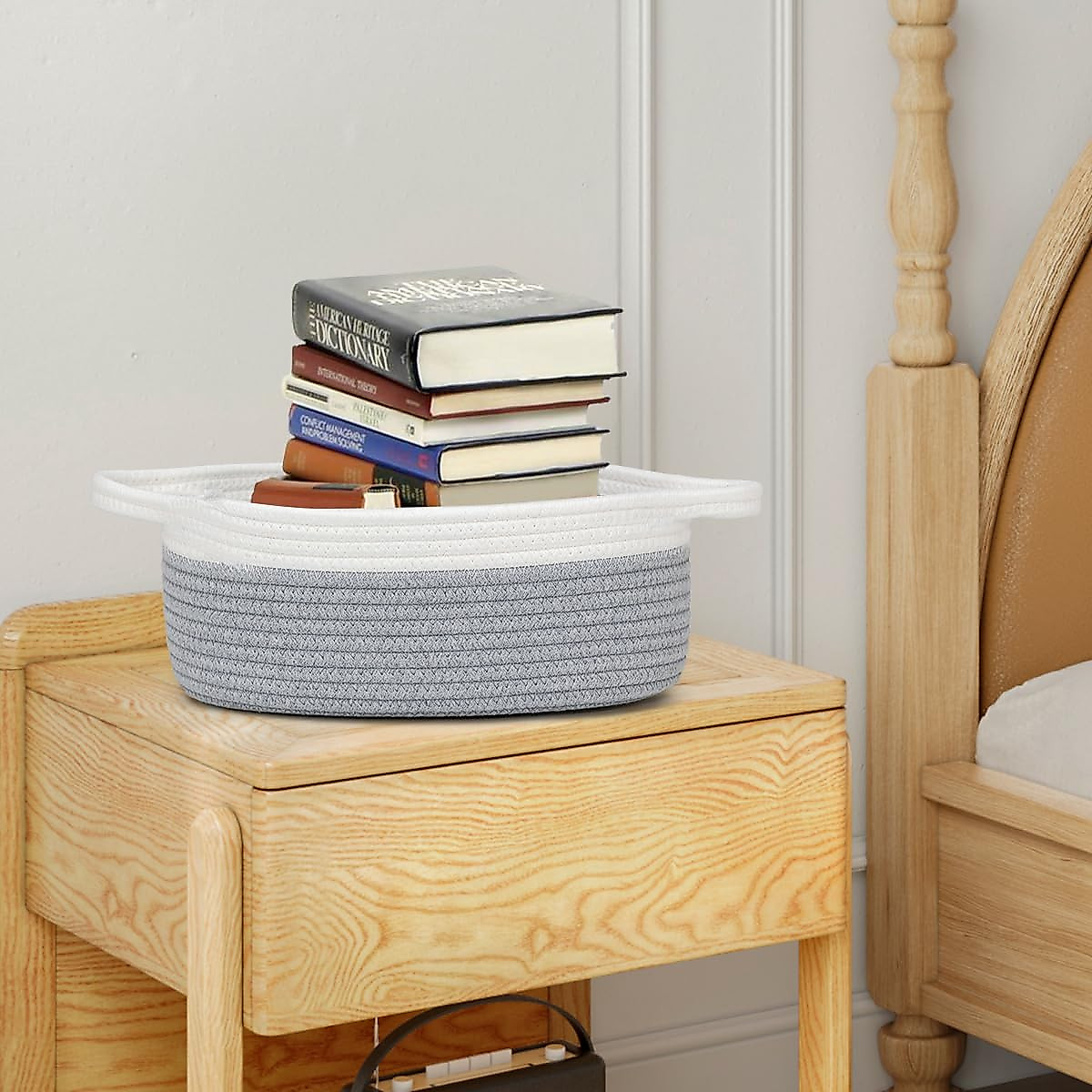 ArcaGuru Small Woven Basket with Handles, Empty Storage Baske for Gifts, Rope Room Shelf Storage Basket for Towels, Snacks, Dog Toy Basket, Pack of 2, Gray