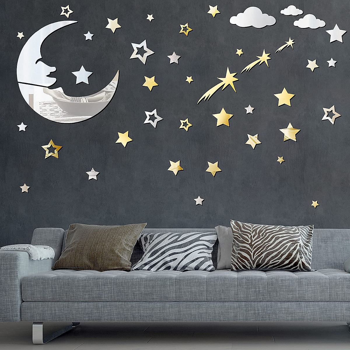 82 Pieces Moon and Stars Mirror Decals Removable 3D Acrylic Mirror Stickers Moon and Stars Wall Stickers Home Decor for Living Room Kids' Room Nursery Decoration