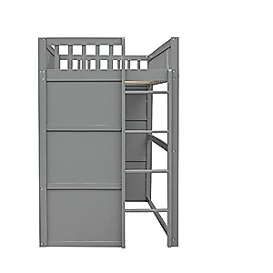 BOVZA Twin Size Wood House Loft Bed with Ladder, Kids Playhouse Bed with Window for Girls Boys, Gray+White