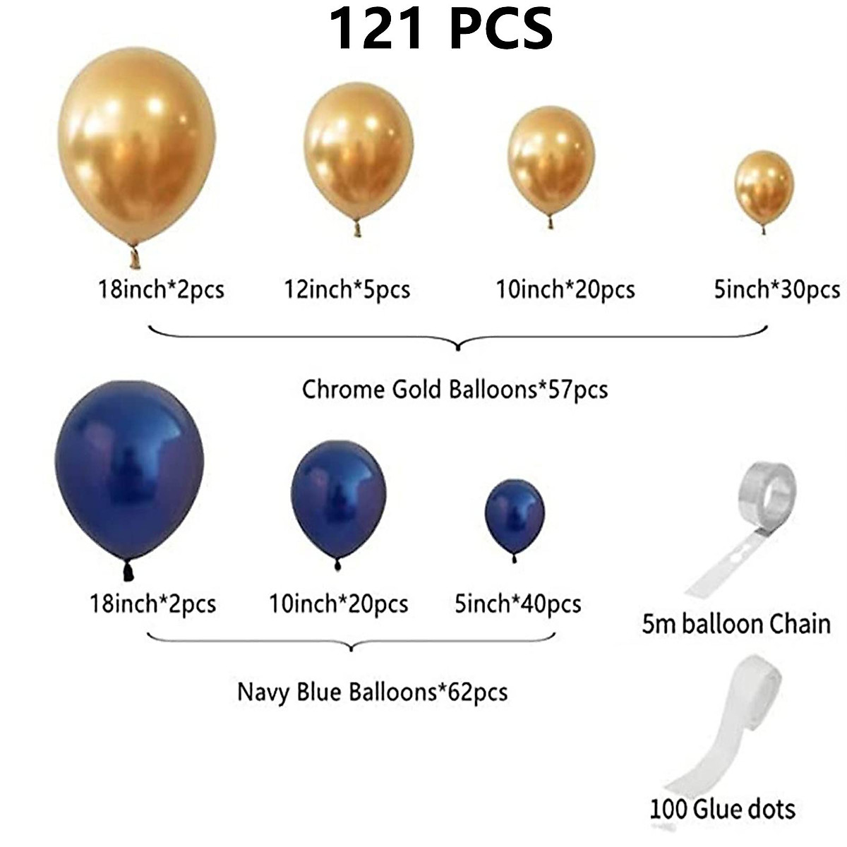 121 Pack Navy Blue Balloons Garland Kit Gold Balloons Different Sizes 18/12/10/5 Inch Party Balloon Kit Chrome Gold Balloons for Wedding Graduation Baby Shower Birthday Christmas Party Decoration