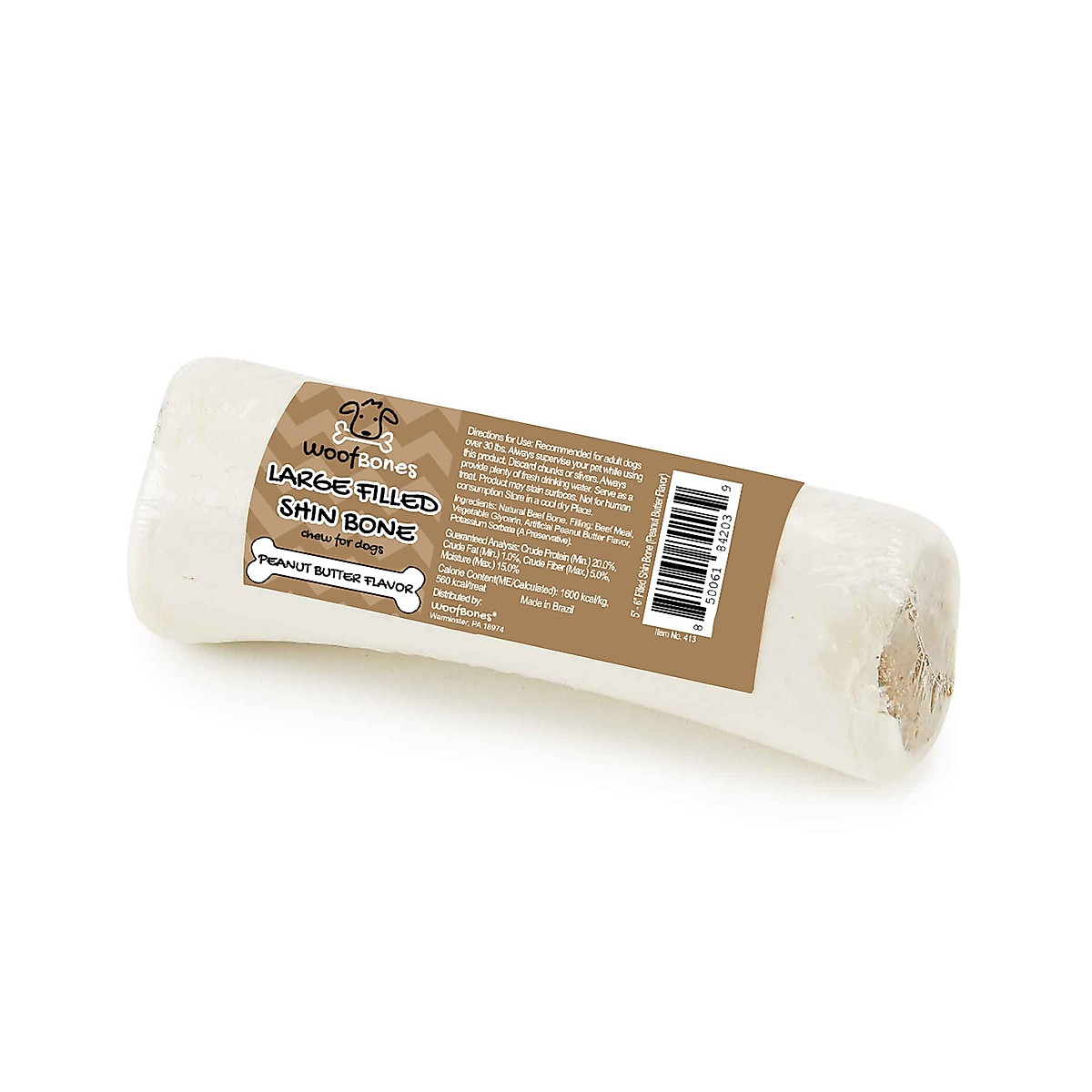 WoofBones Large 5-6" Filled Dog Bones, Peanut Butter Flavor - Long Lasting Stuffed Femur for Aggressive Chewers Dental Treat (Single Bone)