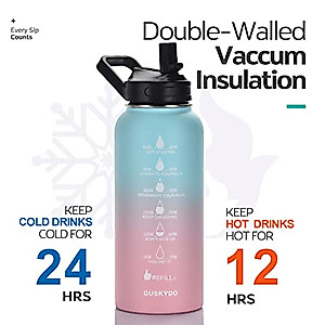 GUSKYDO 32 oz Vacuum Insulated Stainless Steel Water Bottle with Straw & Spout Lid -Leak Proof Water Bottle with Times Marker to Drink - Hot &Cold Double Wall Thermos Sports Water Flask (Pink/Blue)