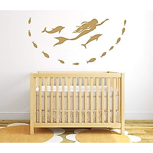 Yyart Mermaid Wall Decals, Fish Wall Stickers, Nautical Sea Ocean Dolphin Decal, Vinyl Sticker for Bathroom, Nursery Decor, Home Decor Art Mural A56 (Gold)