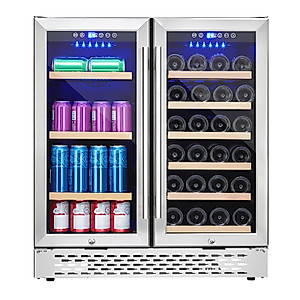 Garvee Wine Fridge, Wine Cooler Dual Zone, Wine and Beverage Refrigerator 28 Bottles and 80 Cans with Glass Door, Adjustable Shelves, Digital Temperature Control, Freestanding/Built-in