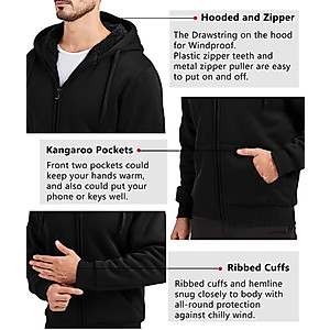 V VALANCH Men Hoodies Zip Up Sherpa Lined Sweatshirt Heavyweight Thick Warm Fleece Winter Jacket Coat, Black XL