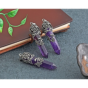 Top Plaza Bundle - 2 Items: 6 Facet Hexagonal Point Pendant Pendulum for Reiki Wicca Dowsing Balancing & Antique Silver Flower Wrapped Natural Amethyst Healing Crystal Necklace
