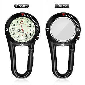 Hicarer 2 Pieces Clip on Quartz Watch Backpack Fob Belt Watch Glow in The Dark Unisex Pocket Watch with White Dial for Doctors Nurses Outdoor Activities (Black)