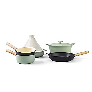 BergHOFF RON Cast Iron Saucepan 1.8 qt., Safe Grip Long Wood Handle, Induction Cooktop, Enameled Interior, Green