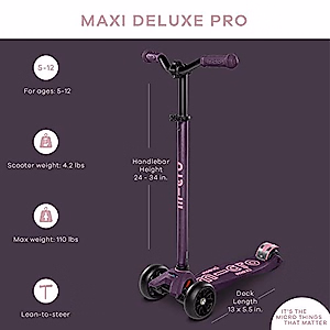 Micro Kickboard - Maxi Deluxe Pro Kick Scooter - Smooth-Gliding, 3-Wheeled, Lean-to-Steer Scooter with Fat, Stable Wheels and Chopper-Style, Adjustable-Height Handlebars Ages 5-12 (Purple)
