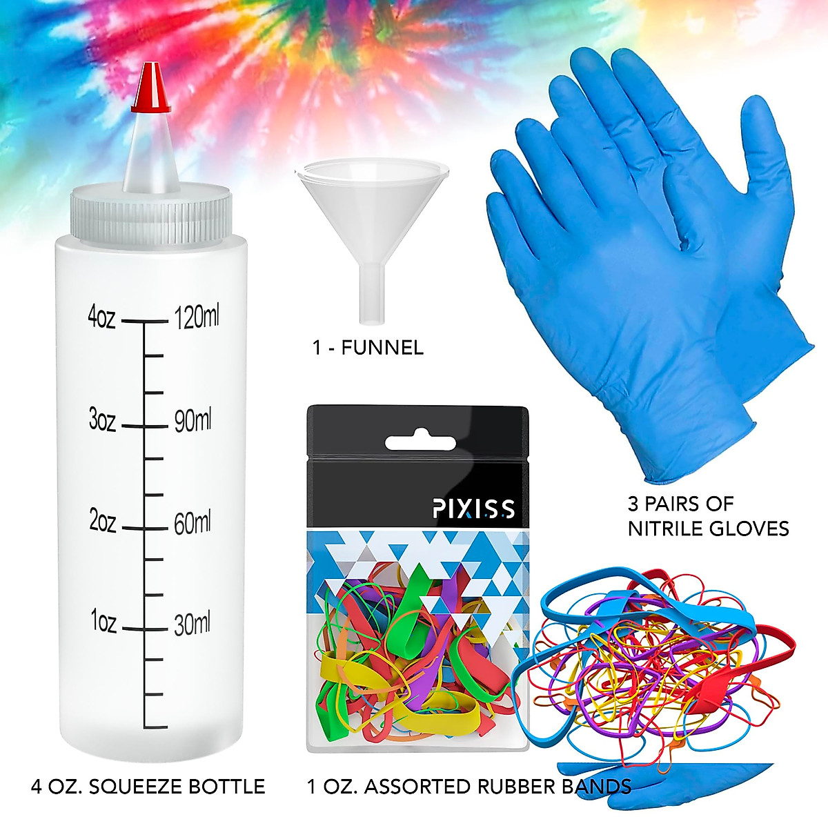 Rit Dye Accessory Kit - Navy Blue, Denim Blue, Royal Blue, Black, Pixiss Tie Dye Accessories Bundle with Rubber Bands, Gloves, Funnel and Squeeze Bottle - Vibrant Fabric Dye Kit for DIY Projects