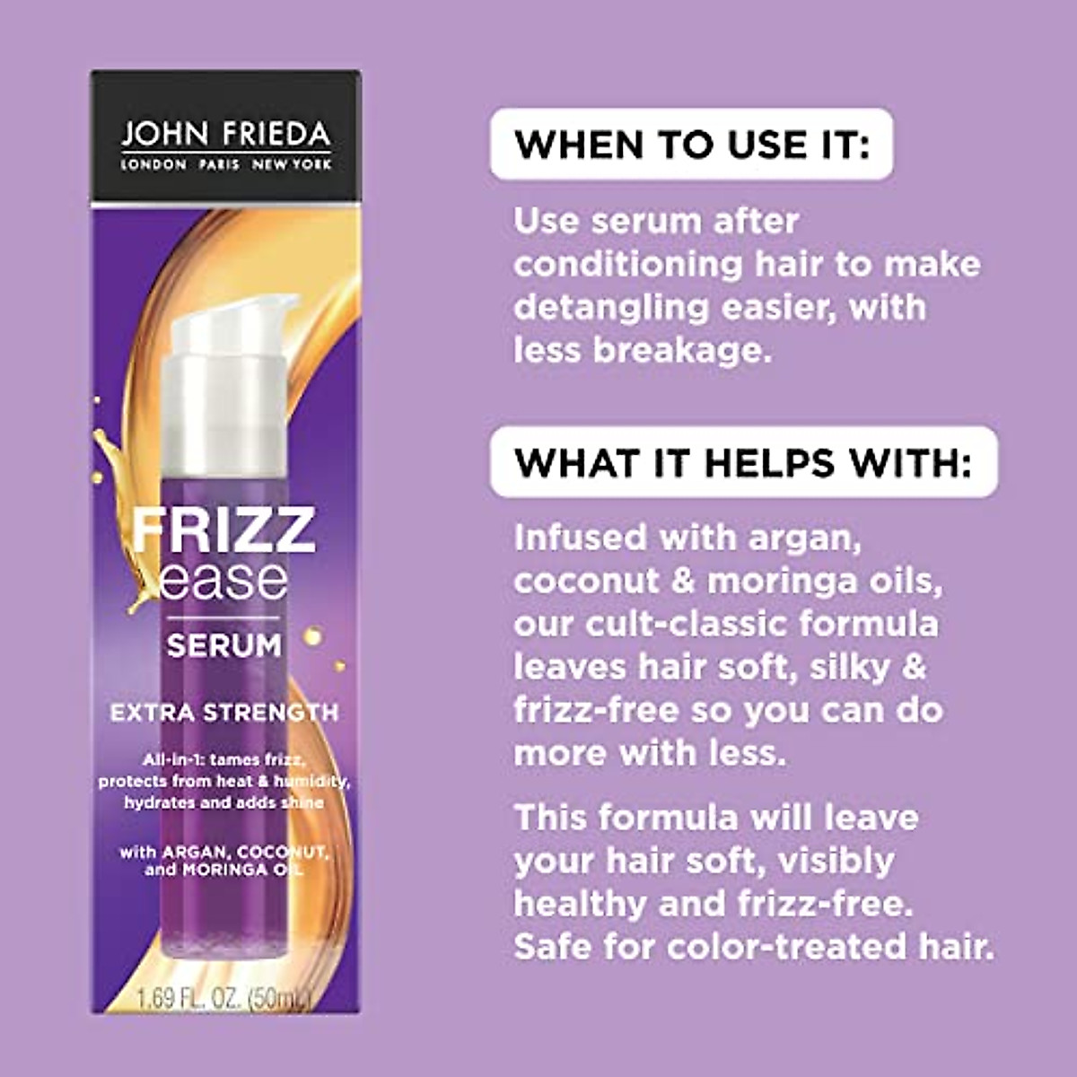 John Frieda Frizz Ease Extra Strength Hair Serum, Instantly Smooths for Healthy, Hydrated, Frizz-Free Hair, for Thick and Coarse Hair, with Argan, Coconut, and Moringa Oil for Heat Protection, 1.69 Oz