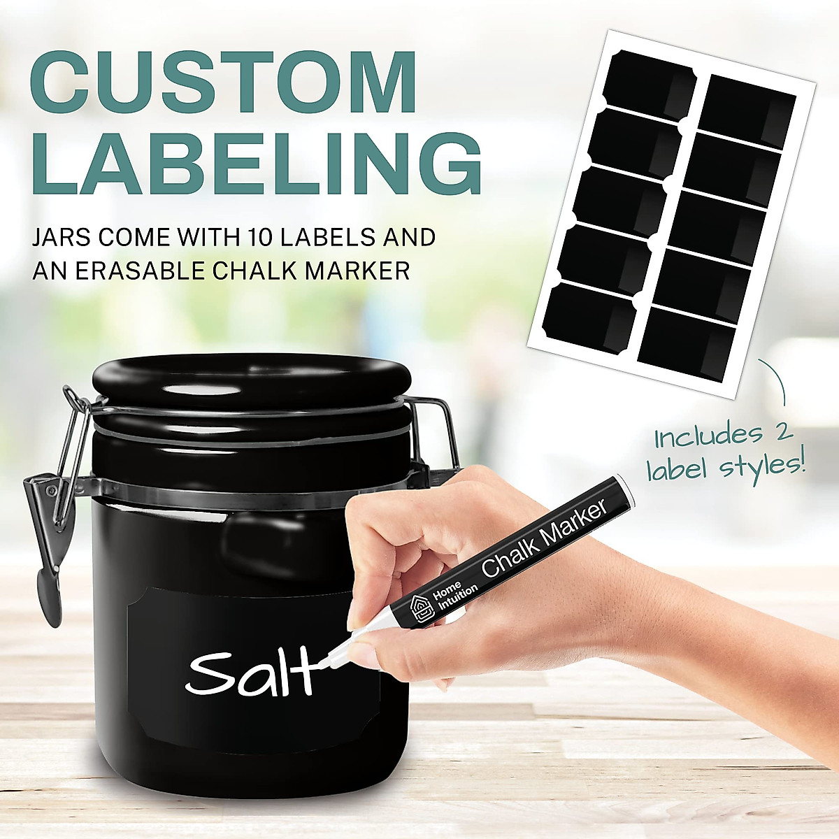 Home Intuition 4-Piece Ceramic Kitchen Canisters Set, Airtight Containers with Wooden Spoons Reusable Chalk Labels and Marker for Sugar, Coffee, Flour, Tea (White)