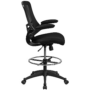 Flash Furniture Kelista Mid-Back Black Mesh Ergonomic Drafting Chair | Adjustable Foot Ring, Flip-Up Arms | Comfort and Productivity