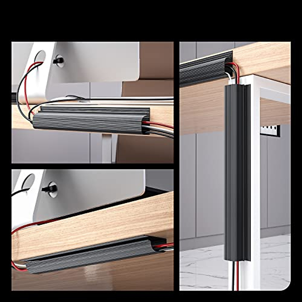 Delamu Cable Management Under Desk- 4 Pack J Channel Cable Raceway, 62.8'' Cord Cover Hider- Self Adhesive Cord Cable Organizer for Desk Wire Management- Cable Management Tray, 4X15.7'', Black