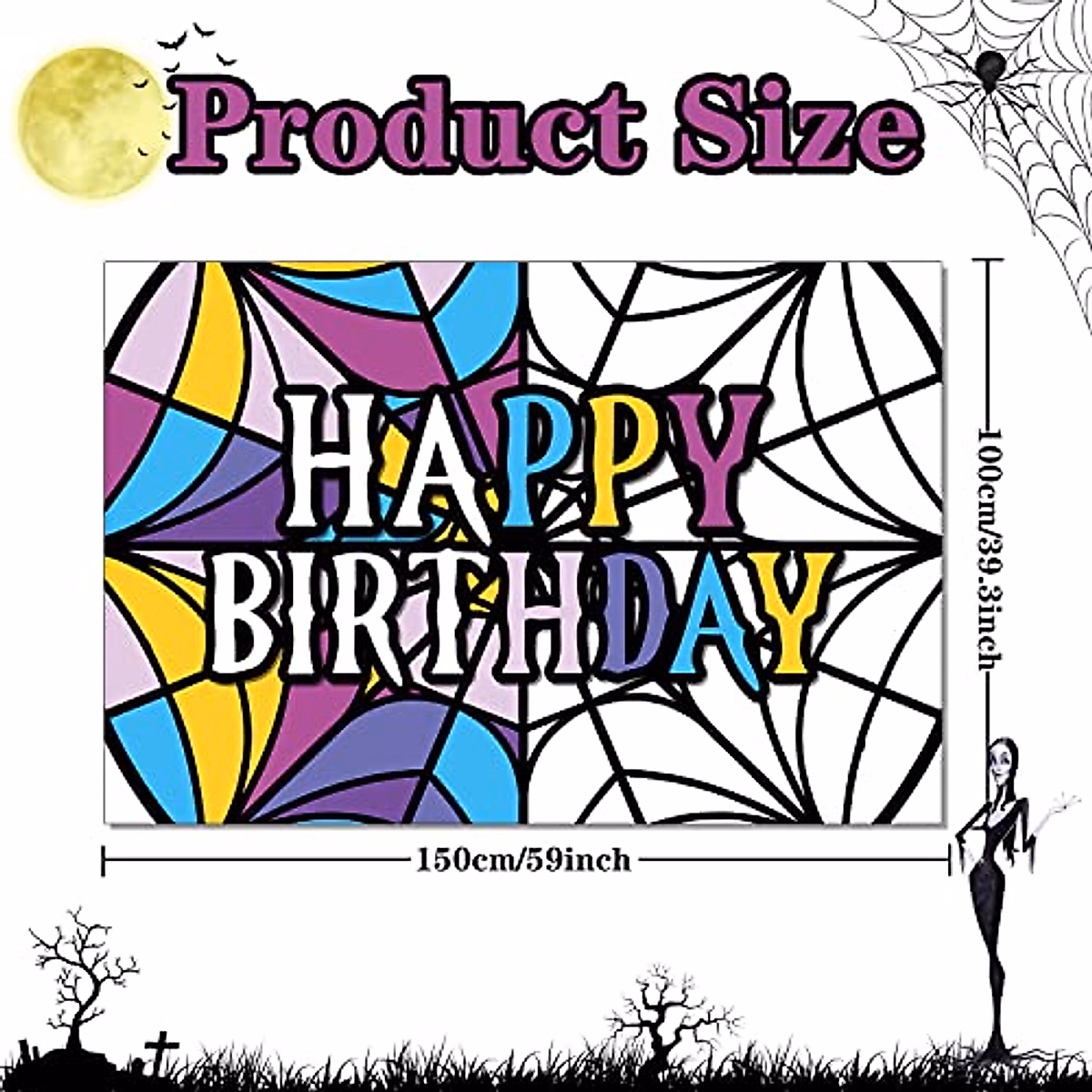 Wednesday Addams Birthday Decorations Wednesday Addams Stained Happy Birthday Backdrop Banner for Wednesday Addams Birthday Party Supplies 5x3FT