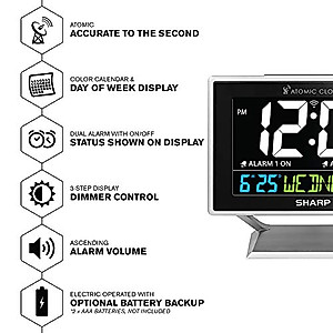 Sharp Desktop Dual Alarm Clock with Color Display - Atomic Accuracy - Calendar & Day of Week Time/Date Display