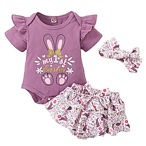 Sinhoon My 1st Easter Baby Girl Outfits Newborn Letter Romper+Bunny Ruffled Shorts+Headband 3Pcs Clothes(Purple,3-6M)