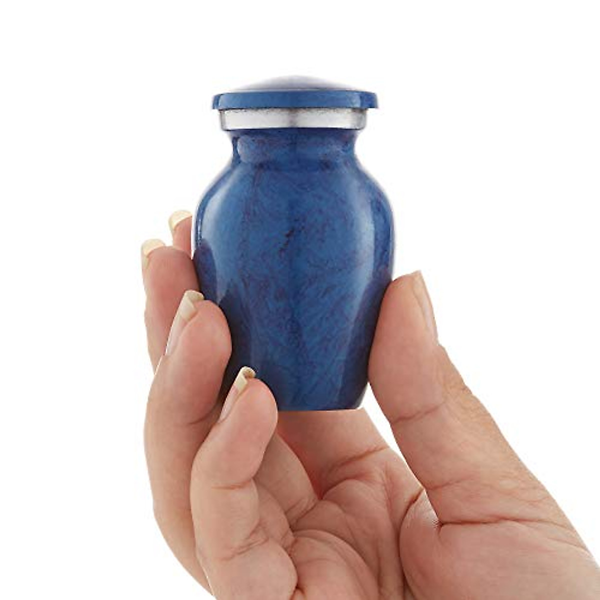 Reminded Small Cremation Memorial Urn for Human Ashes, Blue Mini Keepsake with Velvet Case