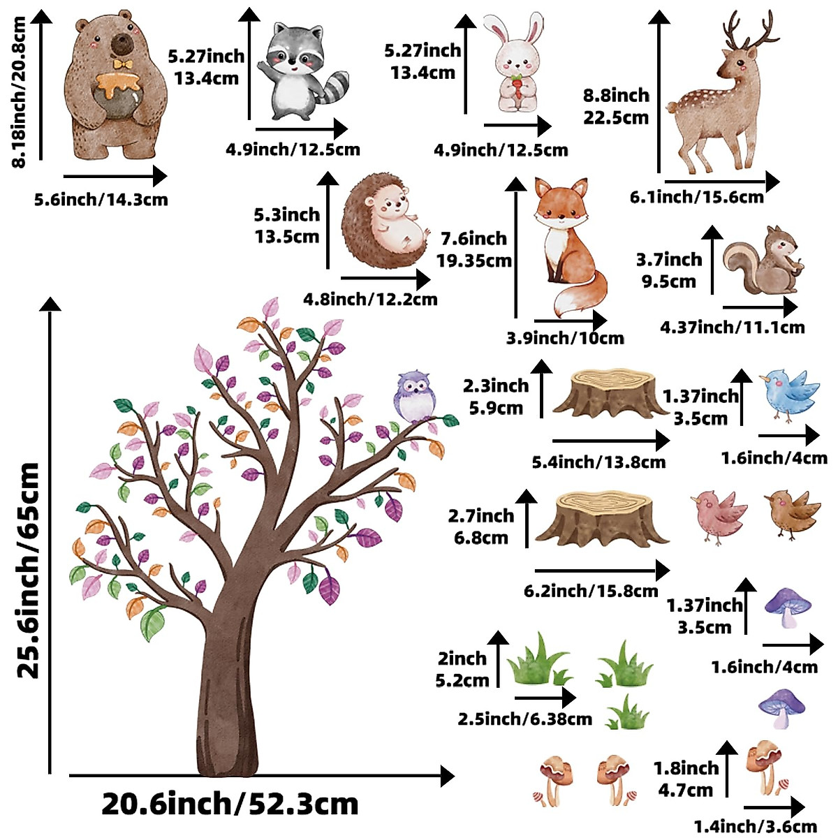 Suplanet Woodland Animals Wall Decals Tree Wall Stickers Fox Squirrel Deer Hedgehog Rabbit Bear Owl Raccoons Wall Decor for Boys Bedroom Baby Nursery Kids Bedroom Living Room