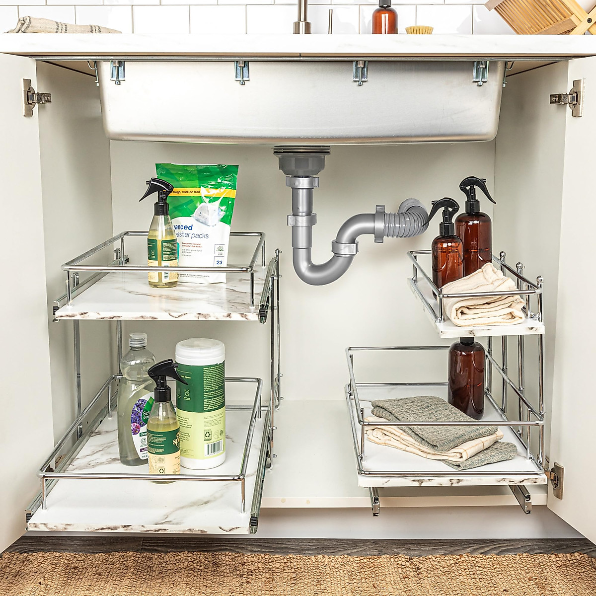 Household Essentials Faux Marble C53345-1 Glidez 2-Tier Kitchen Cabinet Organizer | Pull Out Shelves for Storage | 22 in D x 14.5 in W x 17 in H Wide