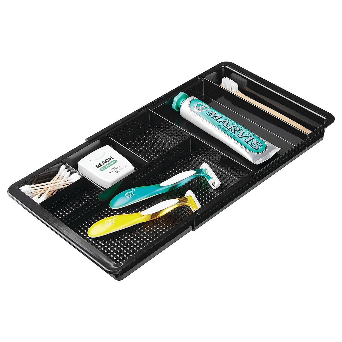 mDesign Adjustable, Expandable Divided Office Desk Drawer Organizer Tray for Office Supplies, Gel Pens, Pencils, Markers, Tape, Erasers, Paperclips, Staples - 7 Compartments, 1.25" High - Black