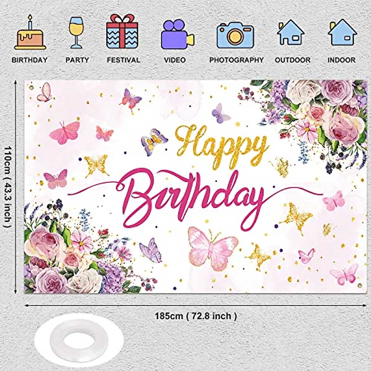 Butterfly Birthday Decorations Butterfly Backdrop Butterfly Birthday Banner for Girls Baby Shower Birthday Party Supplies, Pink and Purple Floral Gold Spots Spring Theme Background 70.8 x 43.3 Inch