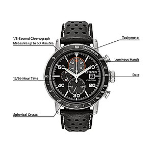 Citizen Men's Eco-Drive Weekender Brycen Chronograph Watch in Stainless Steel, Black Leather strap, Black Dial (Model: CA0649-14E)