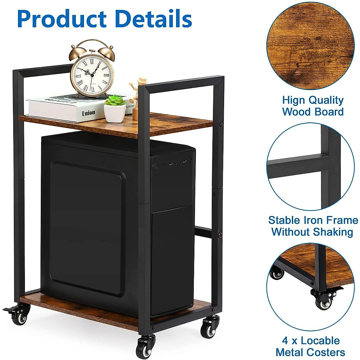 SEHERTIWY 2 Tier Computer Tower Stand, Brown CPU Holder Stand Cart with Rolling Caster Wheels, Mobile PC Tower Stand for Office Home Studio