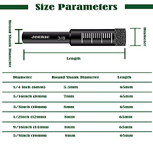 JOERIC 7 PCS Black Dry Diamond Drill Bit Set, for Granite Marble Tile Ceramic Stone Glass Hard Materials (Not for Wood) Round Shank with Size 1/4, 5/16, 3/8, 1/2, 9/16,5/8 inches