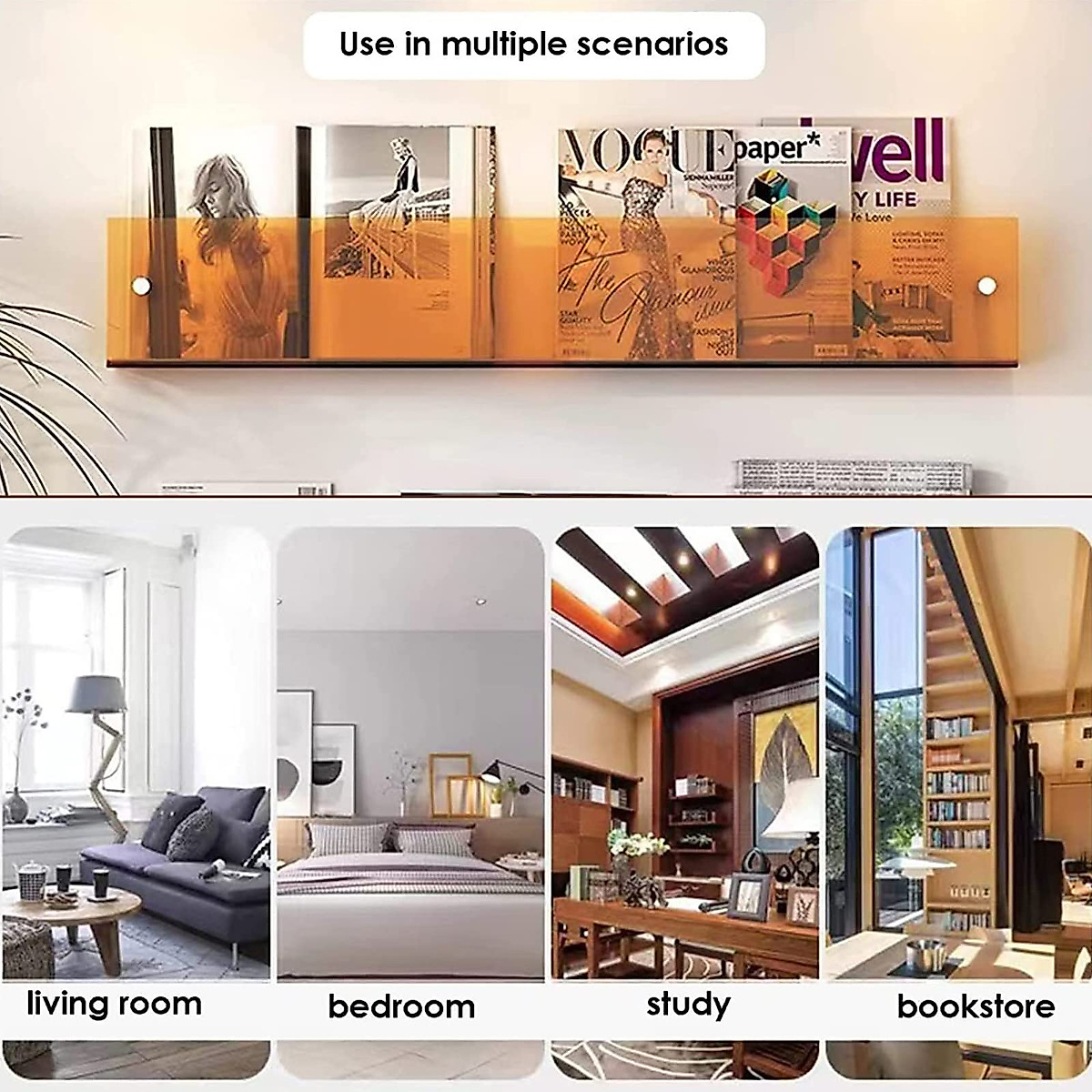 2 Pack Wall Mounted Acrylic Shelves, Floating Acrylic Magazine Storage Shelves, for Office Waiting Room Home Display Bookshelf(40cm+60cm, Orange)