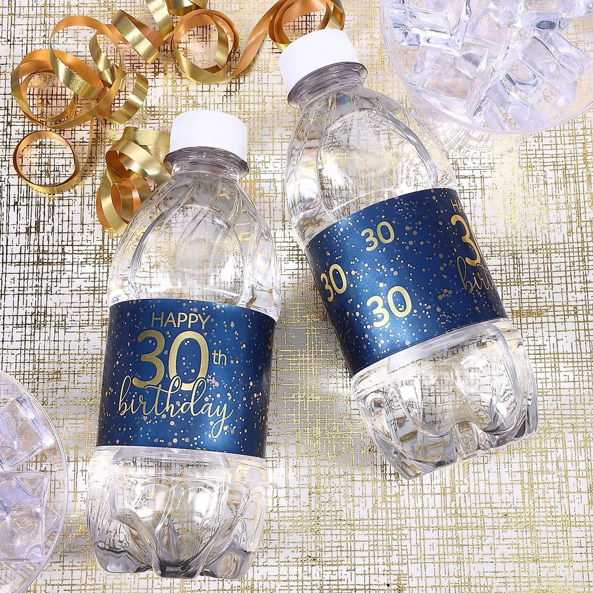 Navy Blue and Gold 30th Birthday Party Water Bottle Labels - 24 Waterproof Stickers, 30th Birthday Party Favors
