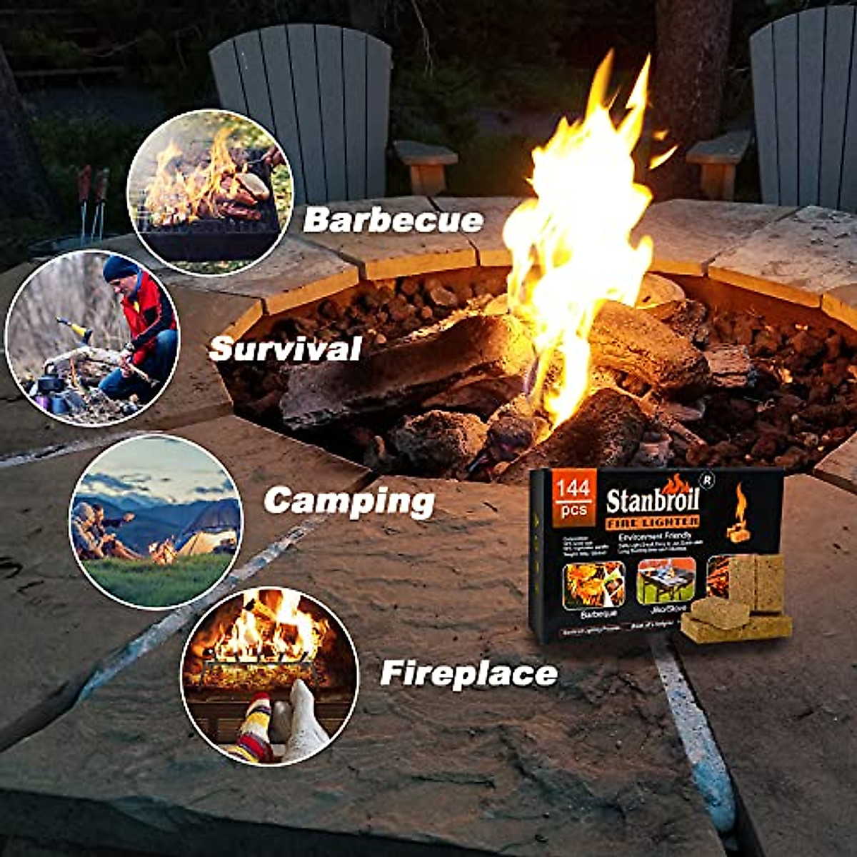 Stanbroil 144 pcs Squares Natural Charcoal Fire Starters Super Fast Lighting Perfect for Barbecue Grills, Smokers, Wood Stove,Campfires and Outdoor Fireplaces
