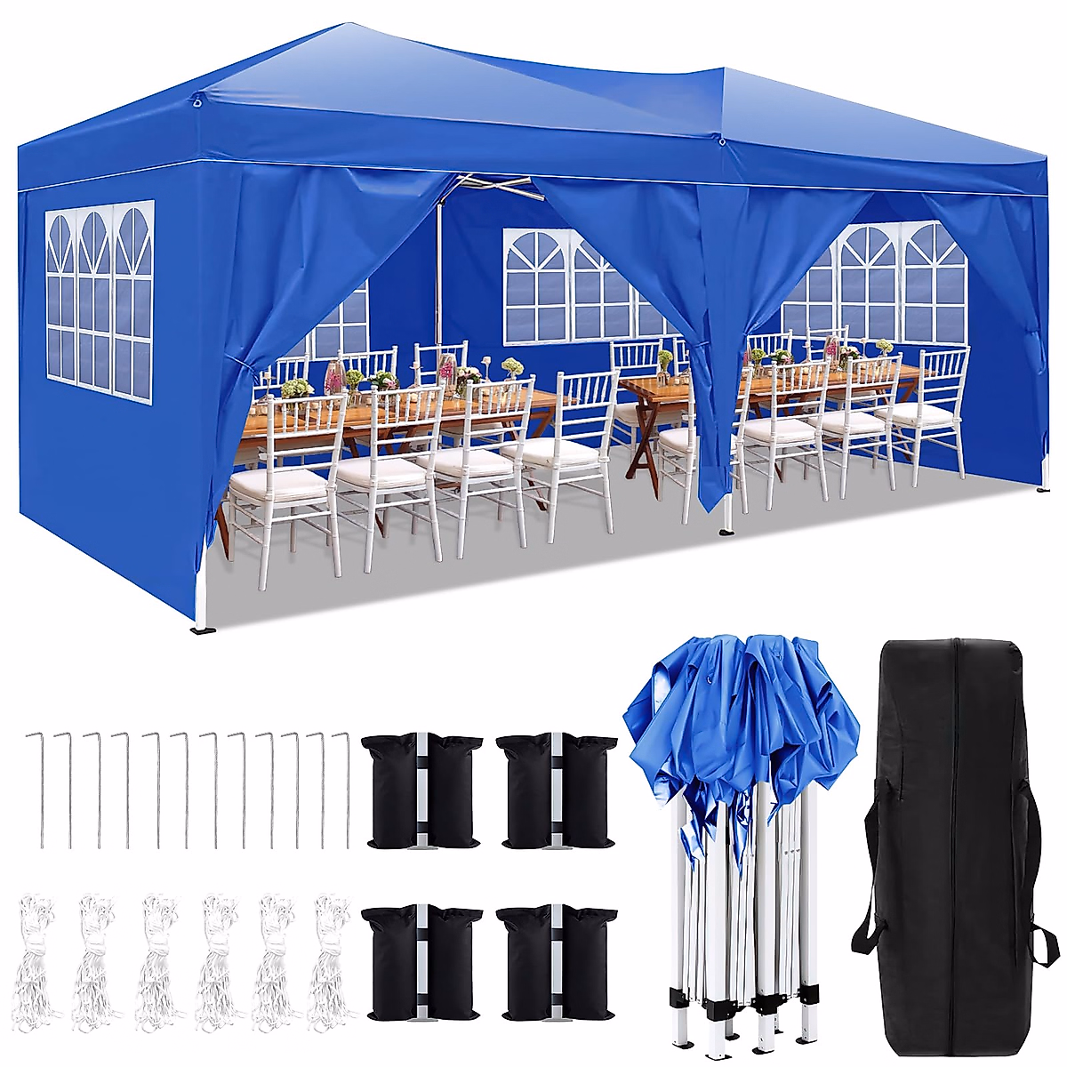 Rovibek 10x20 Pop Up Canopy with Sidewalls Tents for Parties Outdoor Backyard Party Tent Carport Canopy, with Sandbags, Storage Bag, Blue