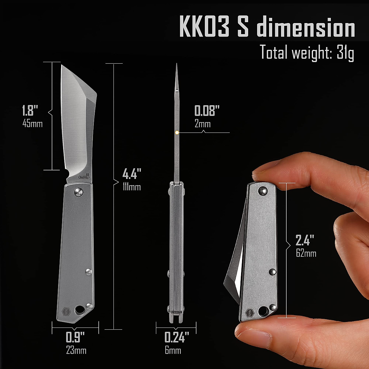 KeyUnity KK03S Small Folding Knife Fixed Blade Knife, Stainless Steel EDC Pocket Knife for men & Women