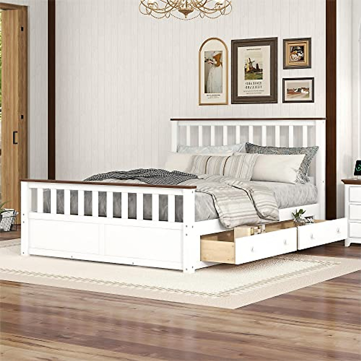 Harper & Bright Designs Queen Bed with 2 Storage Drawers, Solid Wood Queen Size Platform Bed with Headboard and Footboard, Queen Storage Bed Frame for Teens, Adults,White+Walnut