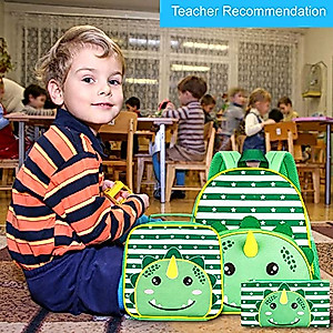 FTJCF 3PCS Toddler Backpack for Boys, 12" Dinosaur Kindergarten Bookbag, Preschool Kids School Bag with Lunch Box - Green