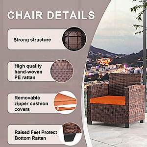 XZHQHB Patio Furniture Set of 3 Wicker Sofa Set with Soft Cushion Bistro Conversation Set Porch Outdoor PE Rattan Garden Chairs Sets with Tempered Glass Top Coffee Table, Brown and Orange