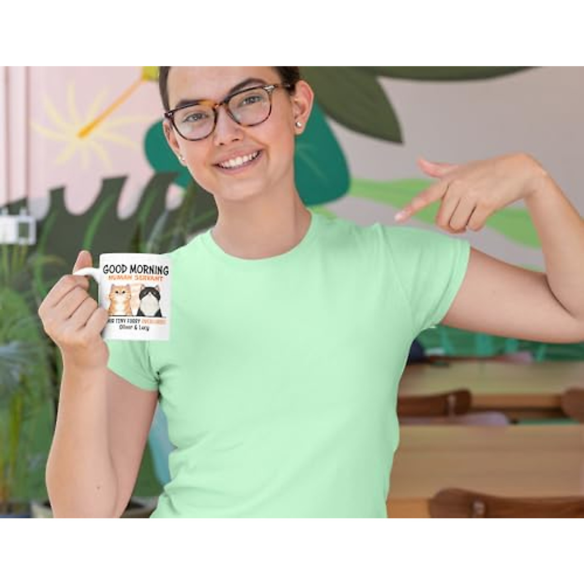 Funny Cat Mug Personalized - Up to 3 Cats - 75 Cat Breed and Color Choices - Good Morning Human Servant - Customized Cat Mom Mug, Cat Dad Custom Mugs for Cat Lovers - 8 Coffee Cup Colors (2 Cats)