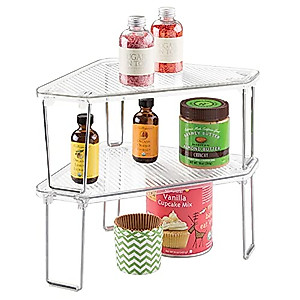 mDesign Plastic/Steel Freestanding Foldable Corner Stackable Organizer Shelf for Kitchen, Counter, Pantry, Cabinet Storage, Holds Plates, Dishes, Ligne Collection, Clear