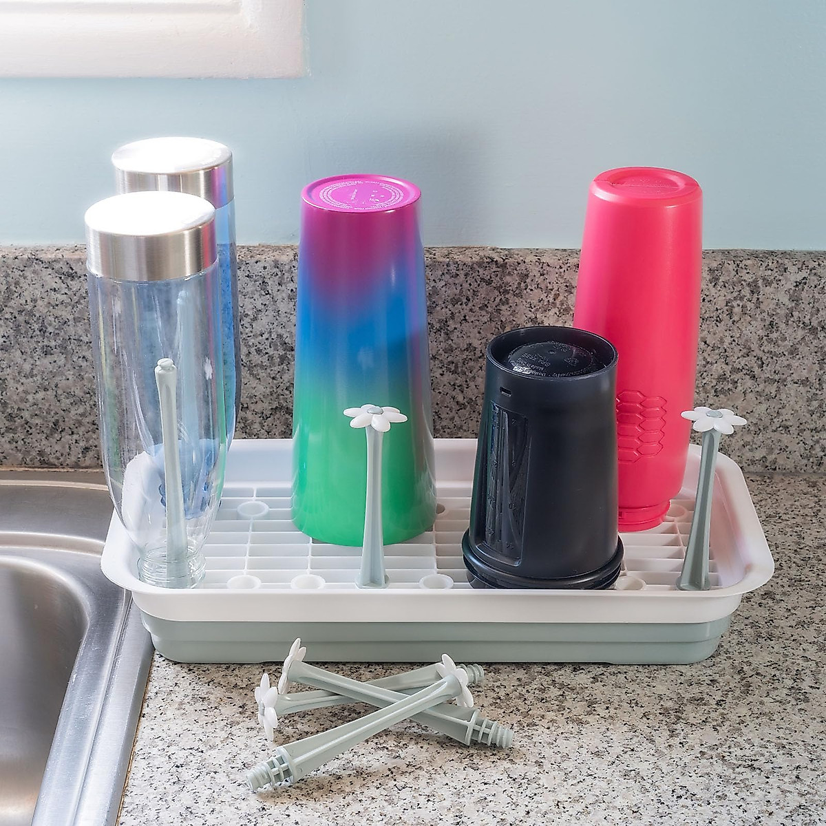 L-WASH Large Countertop Bottle Drying Rack - Ideal for Insulated Water Bottles, Drinking Glasses, Sports Bottles, Baby Bottle Drying Rack, Tumblers, Mugs, Bottle Washer