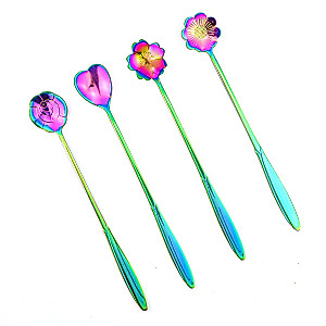 Flower Spoon Set of 4 PCS, LEEFONE 7" Flower Pattern Long Handle Spoon Stainless Steel Reusable Tea Scoops Stirring Spoon Ice Cream Spoon Coffee Spoon Sugar Dessert Cake Spoon (Rainbow)