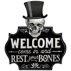 DR.DUDU Halloween Door Decoration, Halloween Welcome Sign, Halloween Skeleton Hanging Welcome Sign, 16" Wood Door Sign Haunted House Skeleton Decor, Halloween Wall Sign (black)